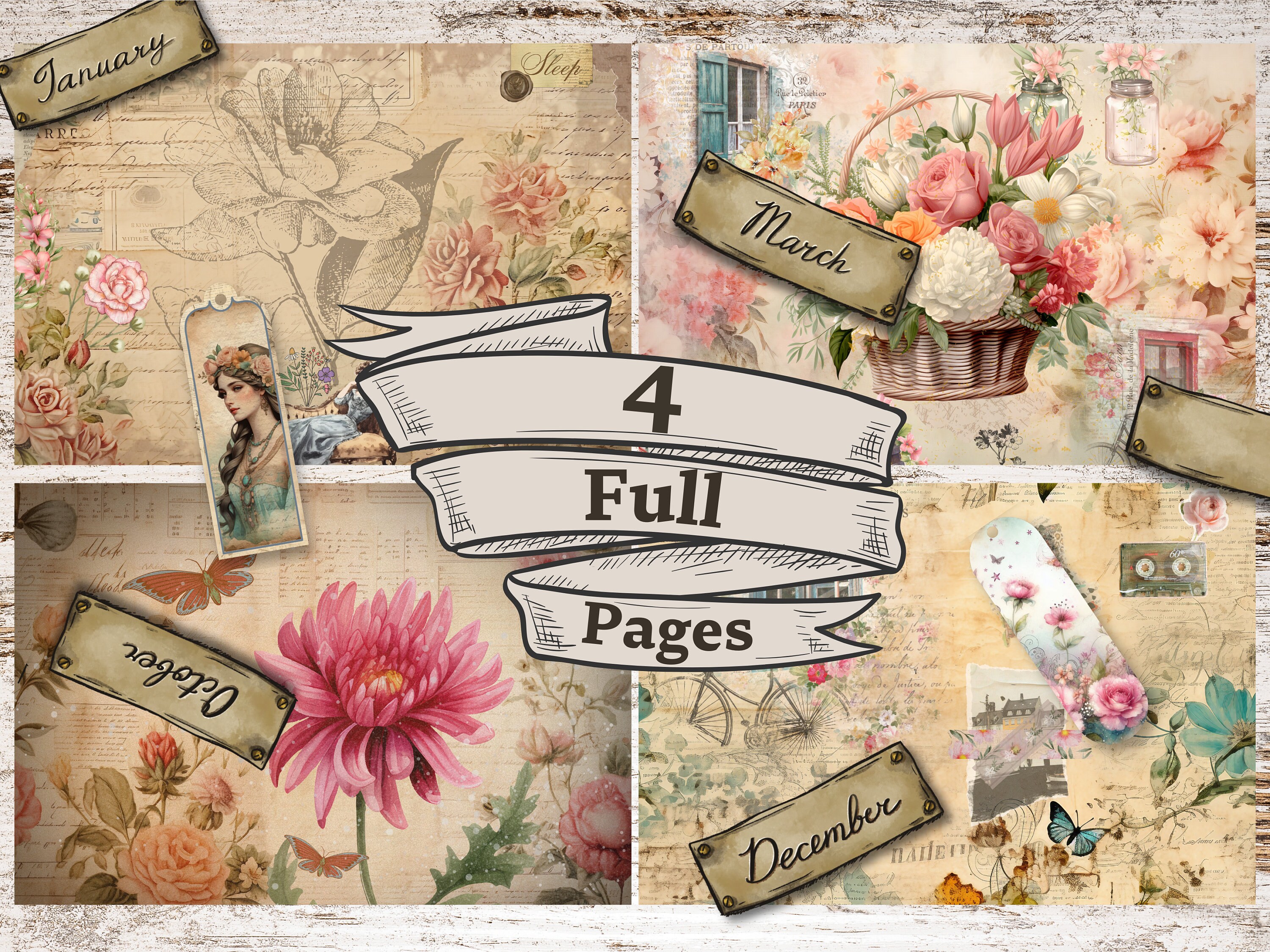 Vintage Shabby Chic Junk Journal Kit printable Pages With Ephemera ...