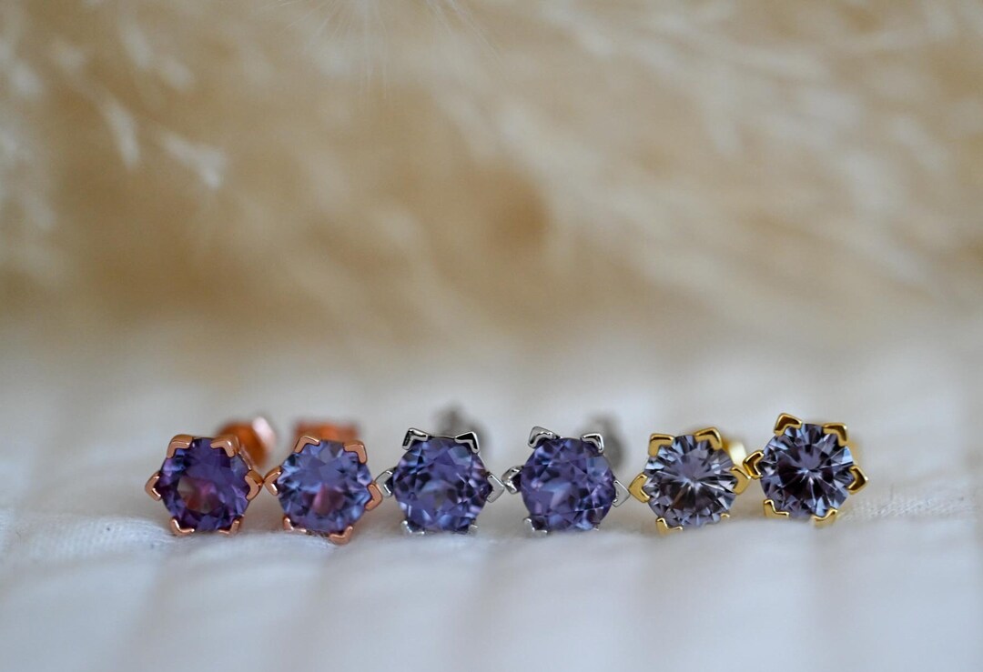 Alexandrite 925 Sterling Silver Rose Gold 18K Gold Stud Earrings, Blue ...