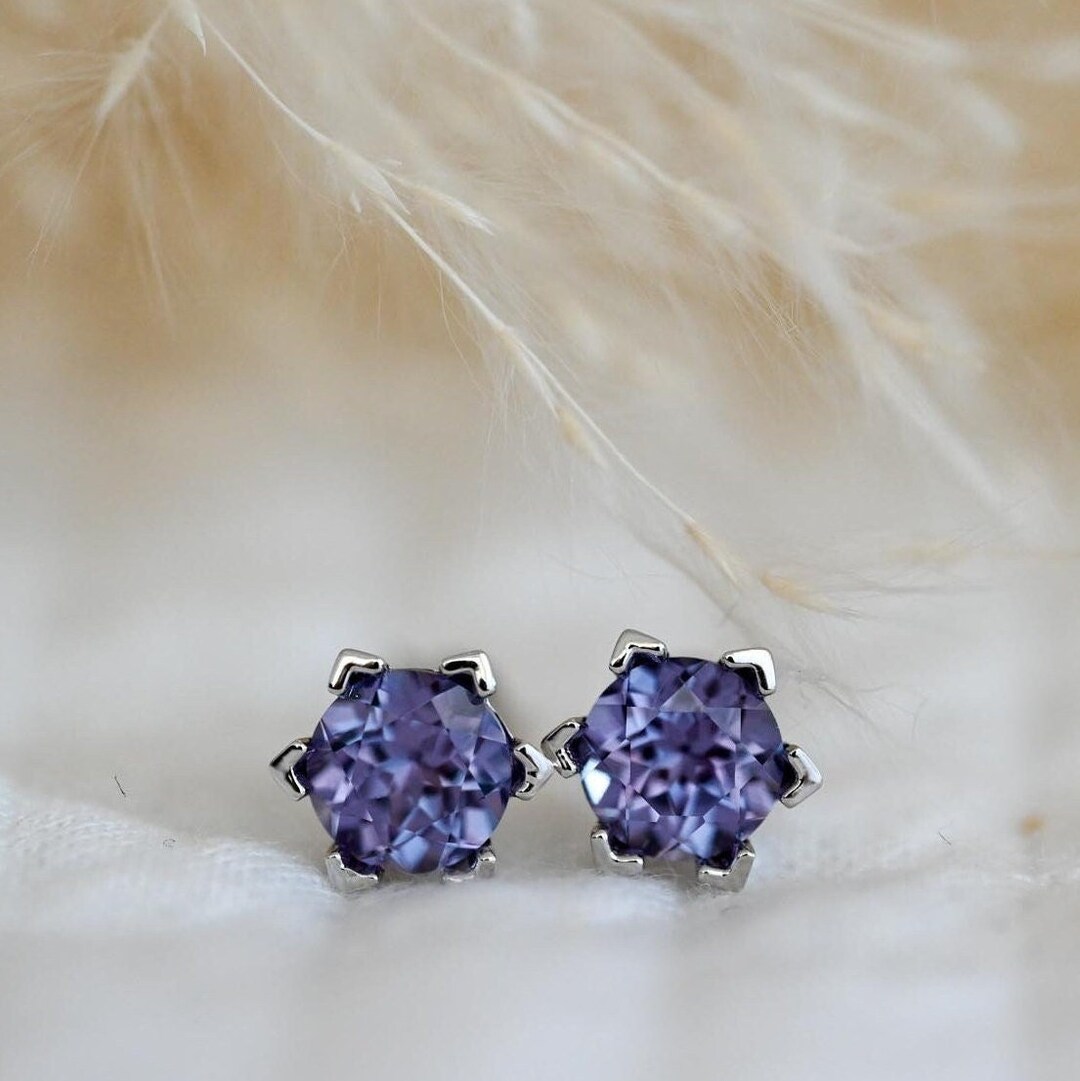 Alexandrite 925 Sterling Silver Rose Gold 18K Gold Stud Earrings, Blue ...