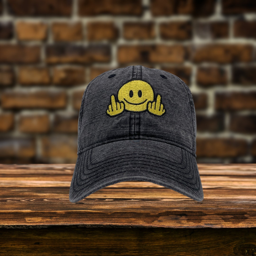 Happy Face Embroidered Hat, Funny Hat, Middle Finger Hat, Smile Face ...