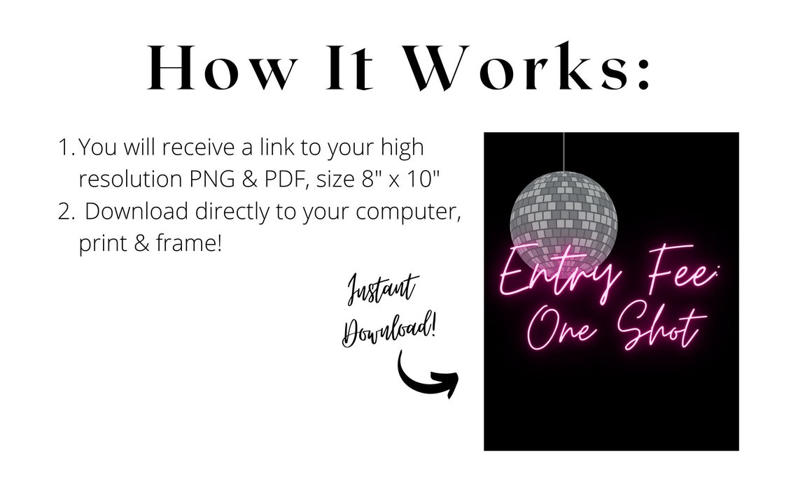 Entry Fee: One Shot Printable Sign - Bachelorette Party Decor - Disco ...