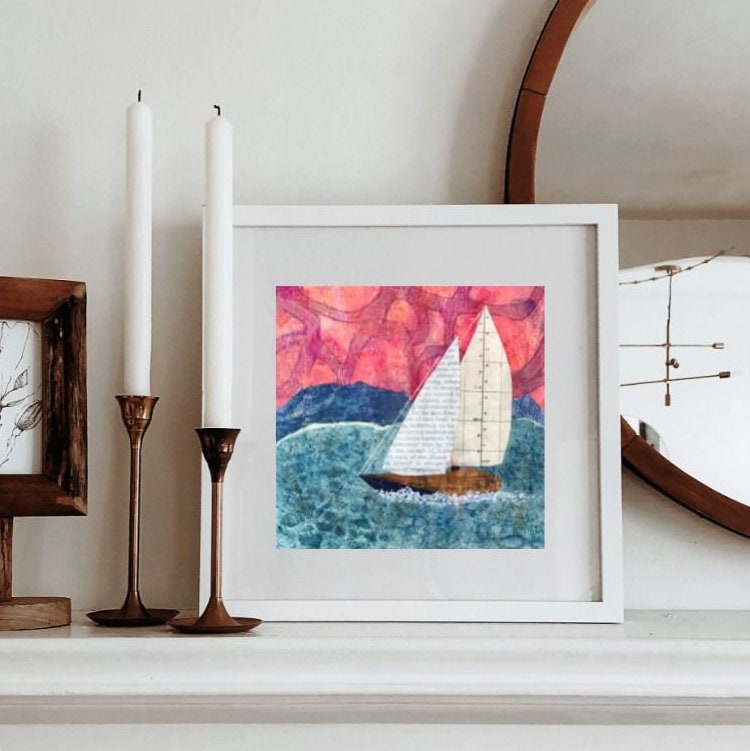 Abstract Sailboat Art Print, Modern Coastal Painting, Sunset Artwork ...