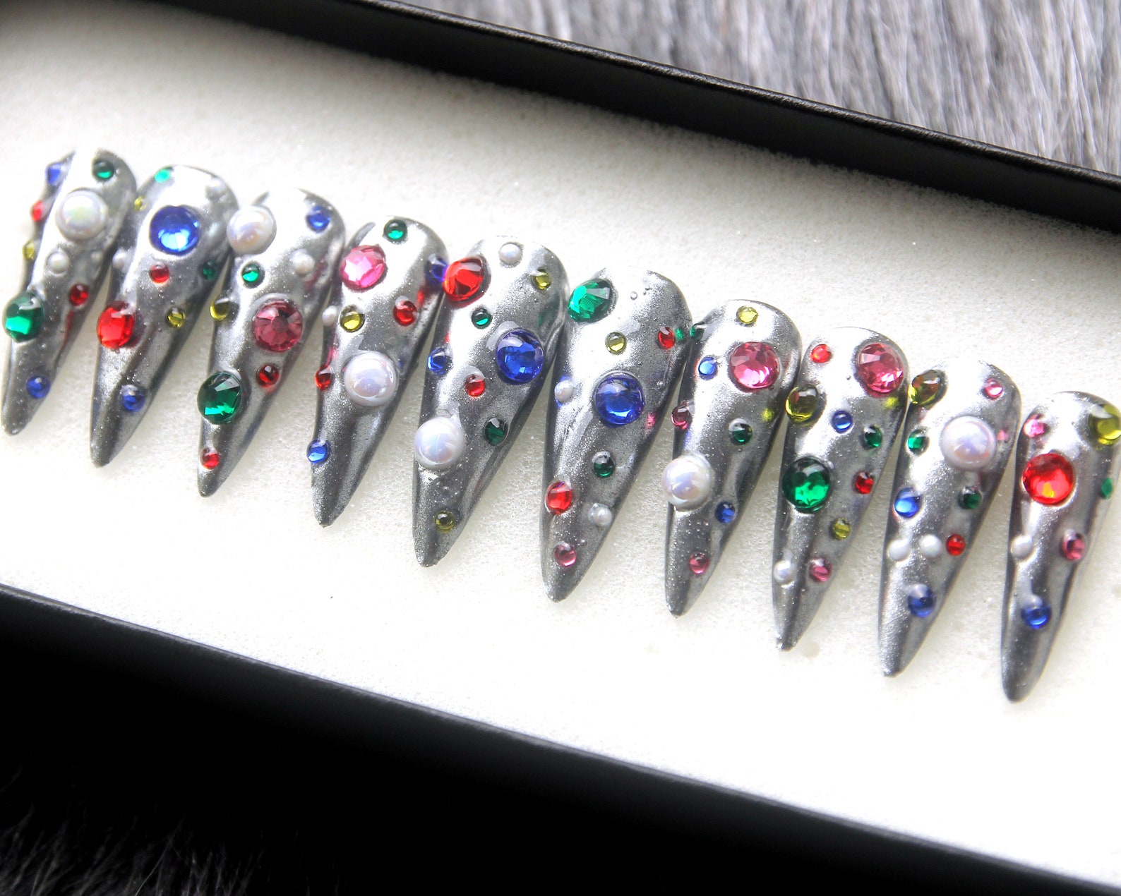 Space Gems Stiletto Press on Nails: Metallic Goth Fake Nails - Etsy