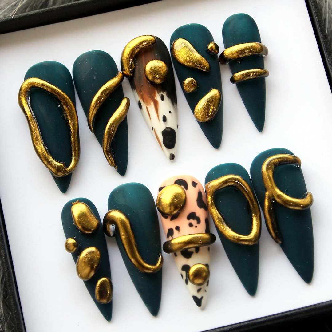 Matte Emerald Press on Nails | Golden Abstract Fake Nails K464 - Etsy