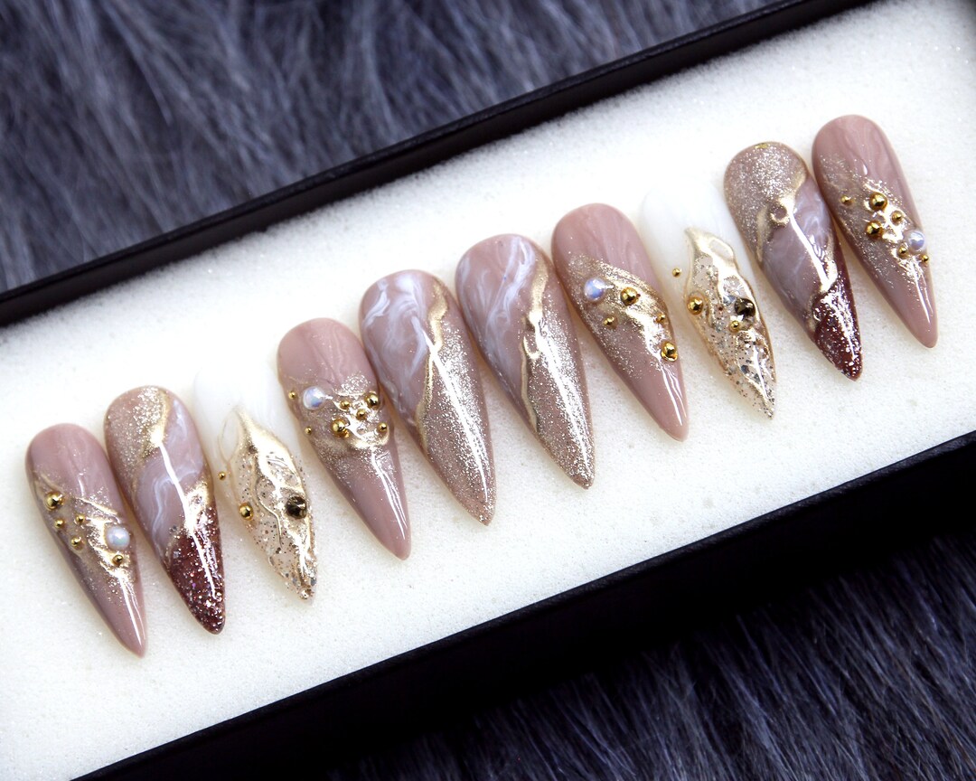 Star Dust Press on Nails | Floral Glue on Nails | Coffin Nails Luxury | Gel X Fake Nails ...