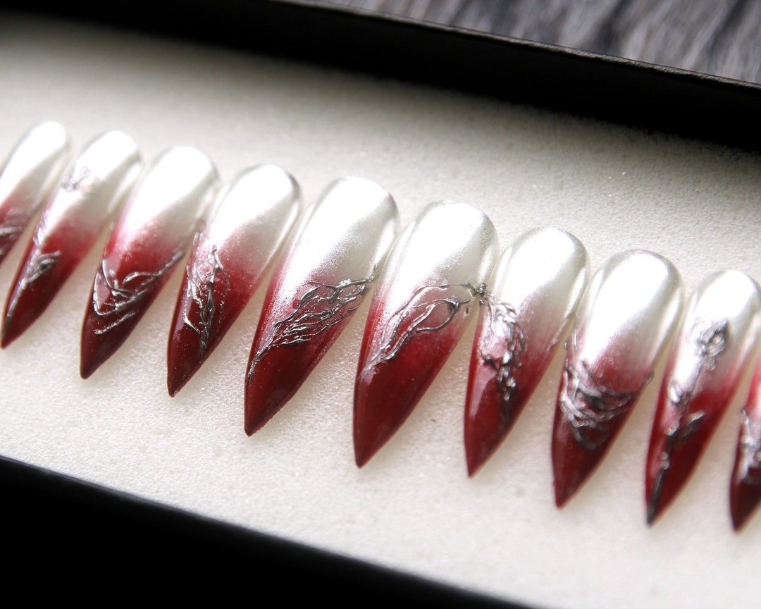 Devil's Tears Press on Nails | Ombre Metallic Silver Mirror Coated Fake ...