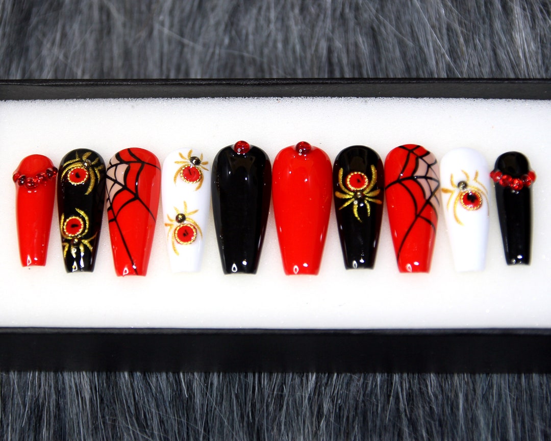 Spider Web Red Glue on Nails | Black Press on Nails | Crystal Gothic ...