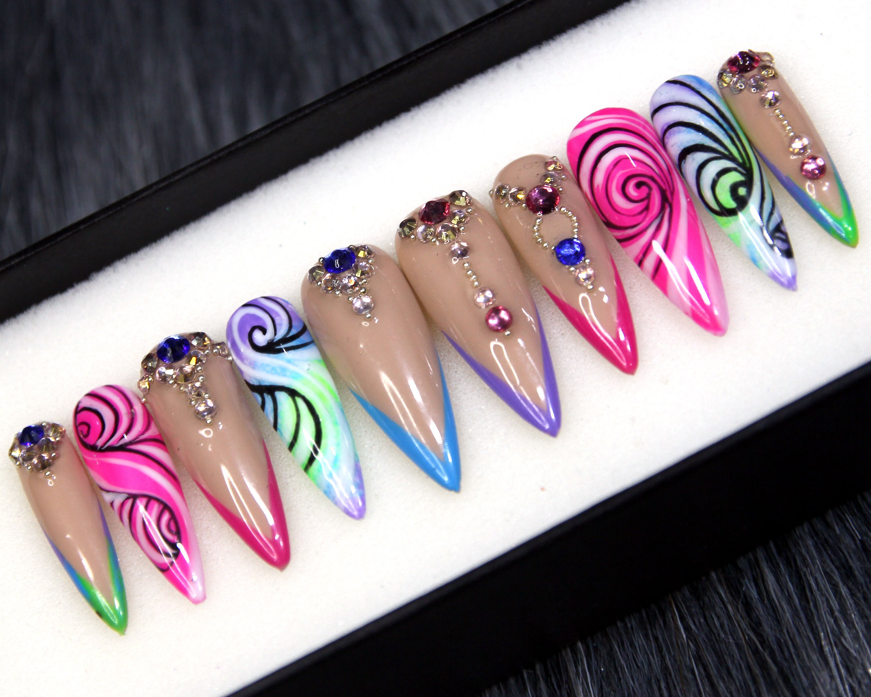 Tripping Illusion Glue On Nails Mint Pink Purple Press On | Etsy