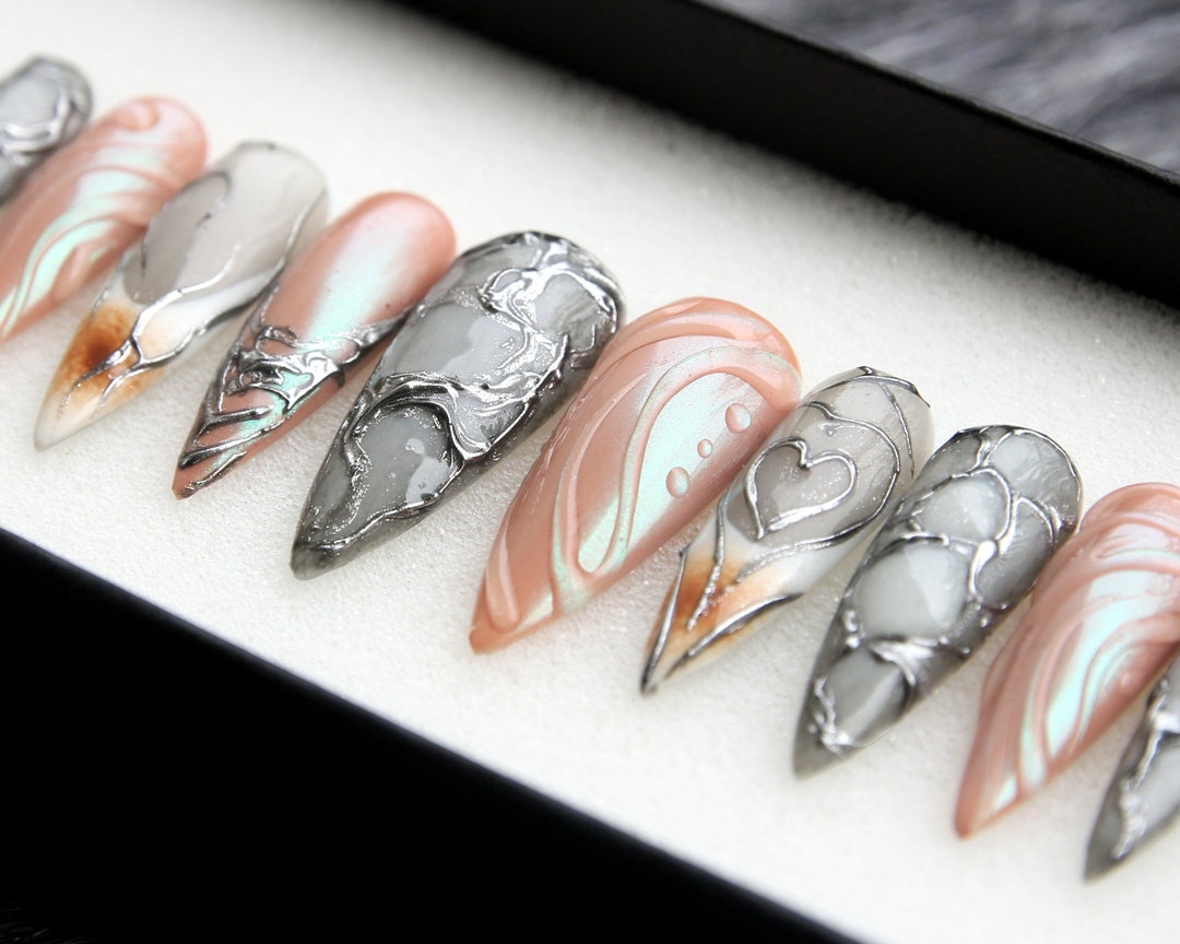 Holographic Gothic Press on Nails: Y2K Cyberpunk 3D Metallic Nail Set ...