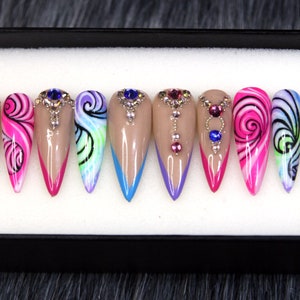 Tripping Illusion Glue on Nails | Mint Pink Purple Press on Nails ...