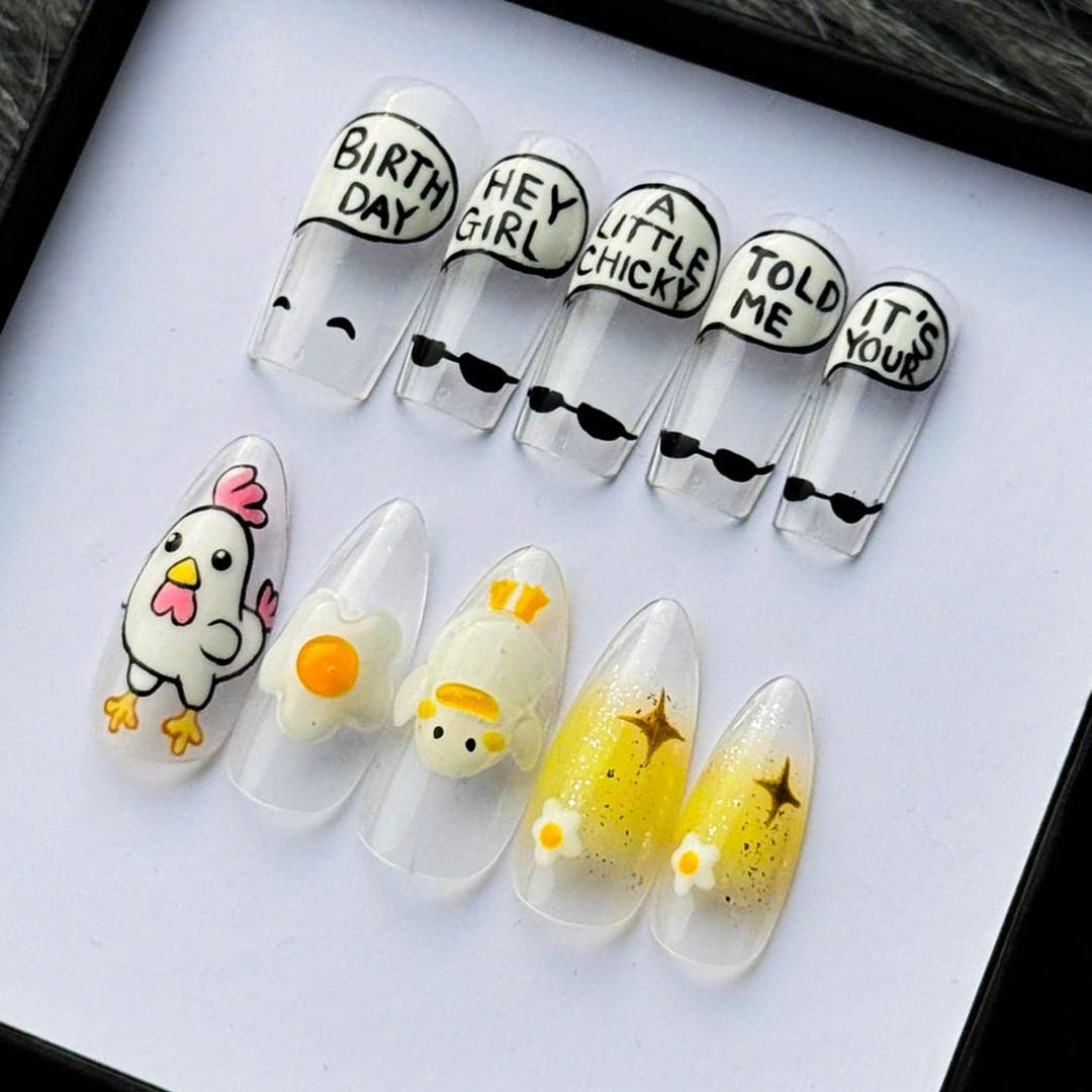 3D Chicken Press on Nails | Fried Egg Art, Kawaii Animal False Nails ...