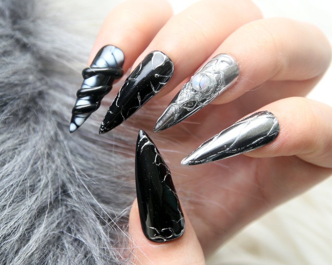 Cyberpunk Goth 3D Stiletto Press on Nails: Metallic Silver Fake Nails ...