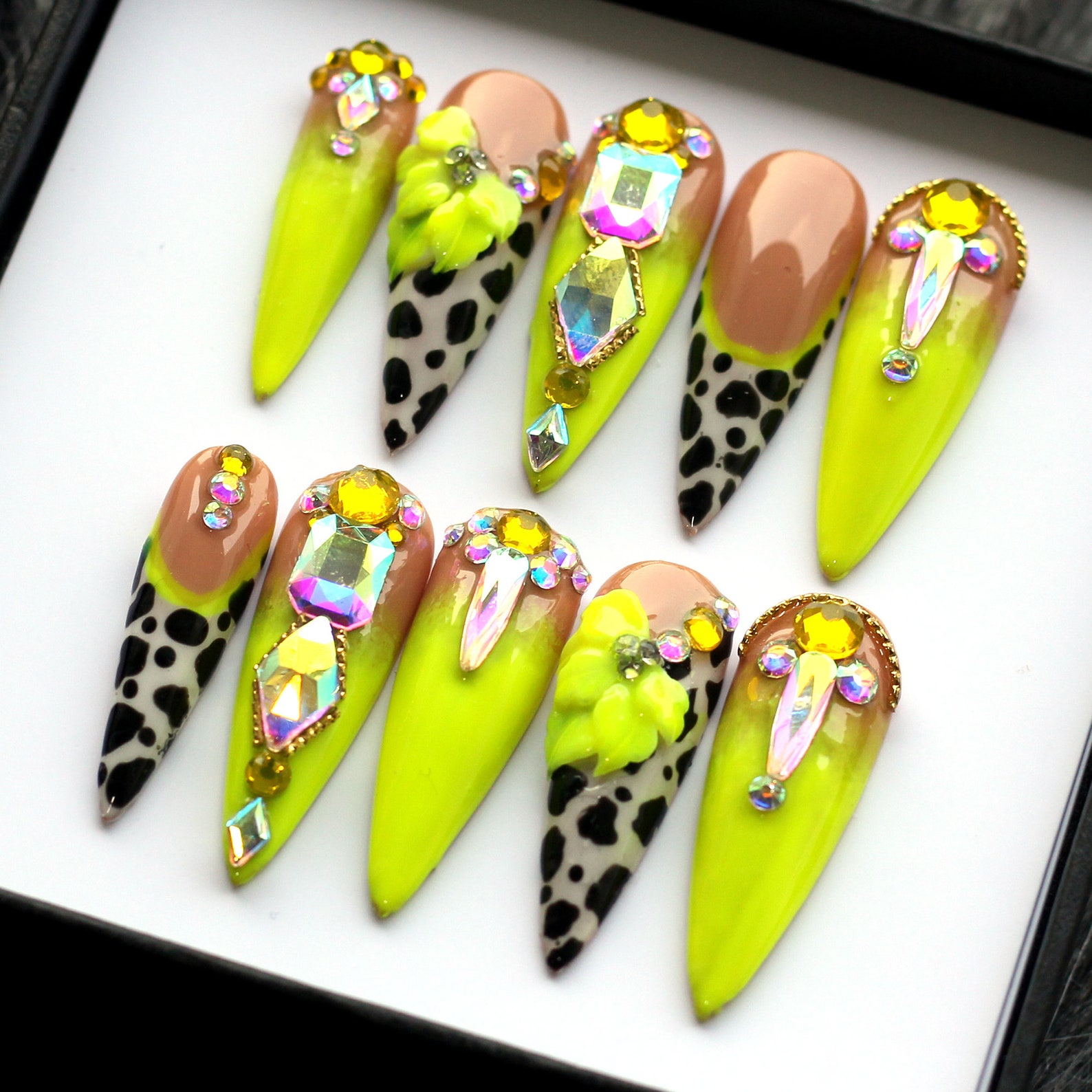 Green Neon Cow Print Press on Nails: 3D Flower Gem Y2K False Nails - Etsy