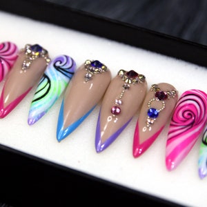 Tripping Illusion Glue on Nails | Mint Pink Purple Press on Nails ...