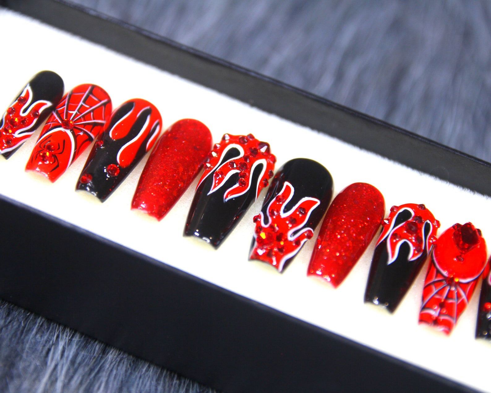 Red Flames Fake Nails Glossy Red Black Press on Nails Coffin - Etsy