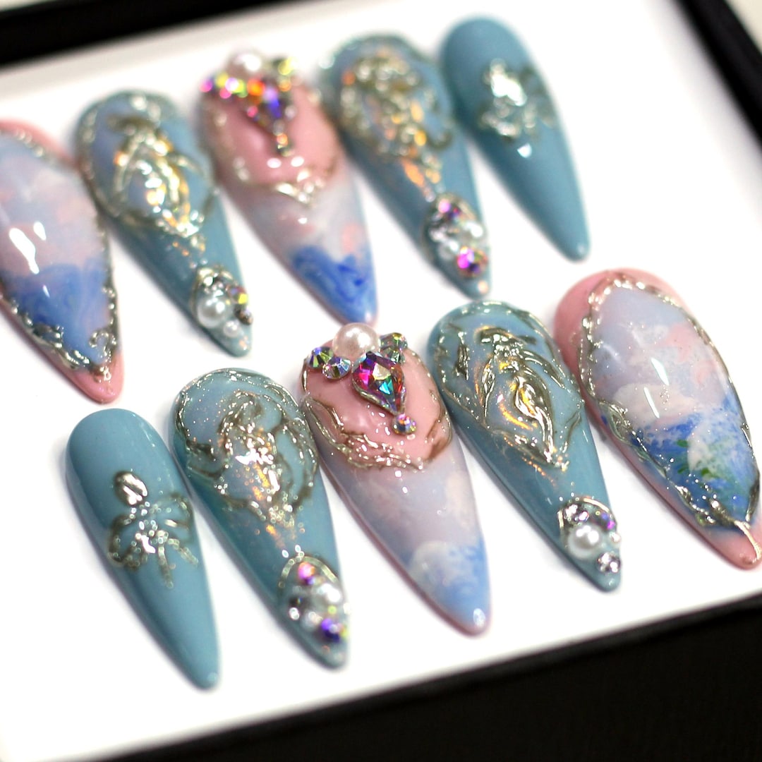 3D Aurora Press on Nails: Marble Y2K Catholic Style - Etsy