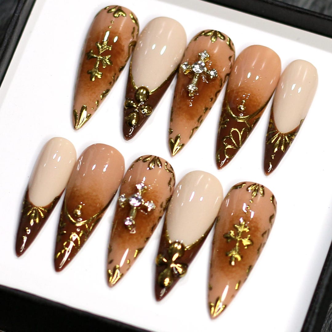 Nude Fade Catholic Press on Nails | 3D Brown French Tips Elegant Nails ...