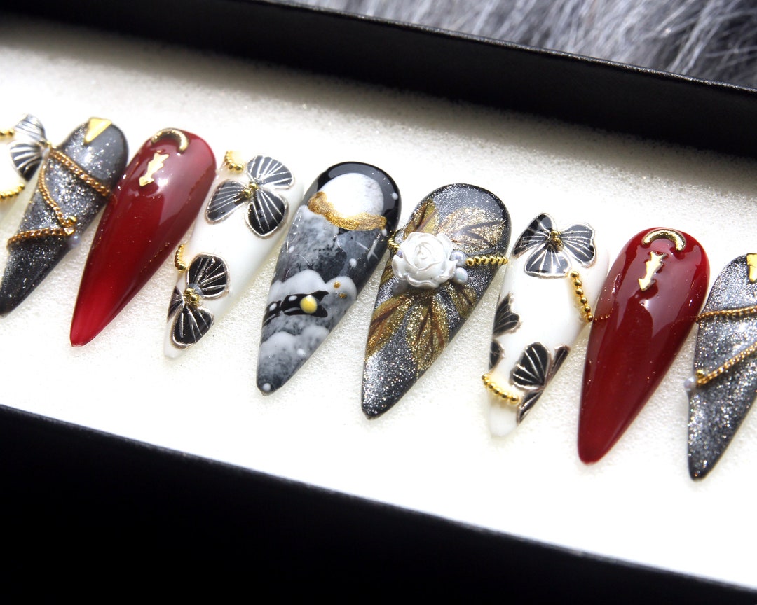 Hand-painted Japanese Floral Press on Nails: Mystic Night Stiletto K227 ...
