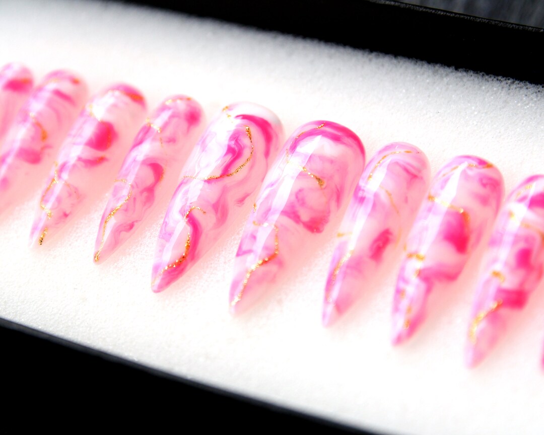 Nicki Minaj Nails Style Long Press on Nail Pink Neon Marble Nails Hand ...