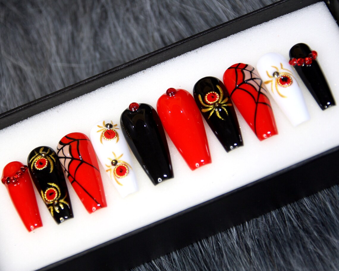 Spider Web Red Glue on Nails Black Press on Nails Crystal | Etsy