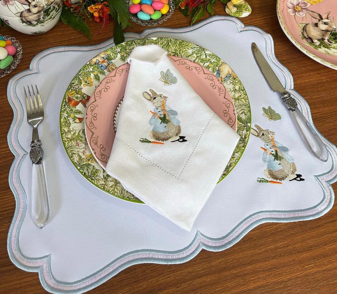 Peter Rabbit Embroidery Placemats White Scallop Edge in Light Pink and ...