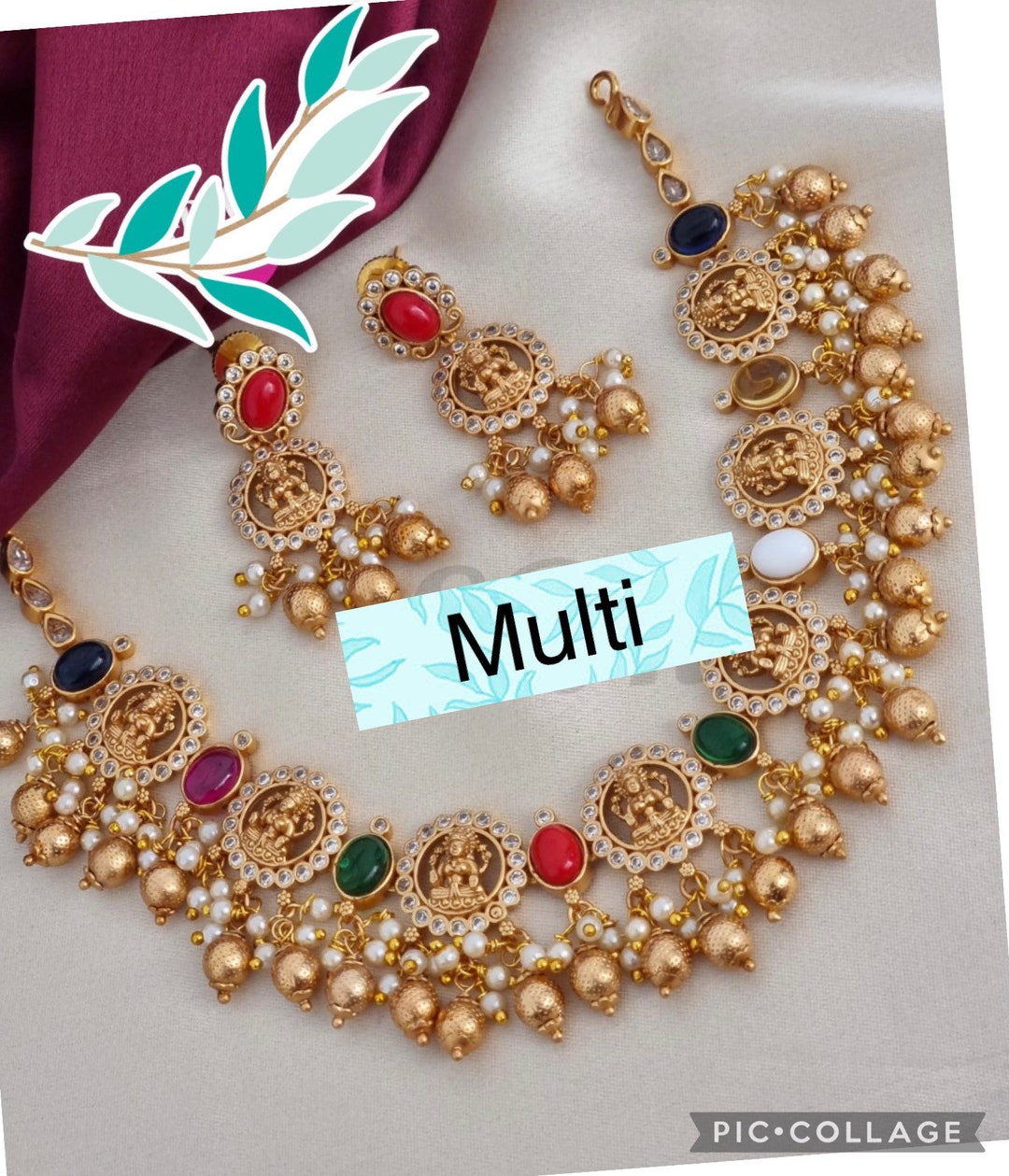 Multi Stone Indian Lakshmi Necklace and Earrings Navarathnam Style - Etsy