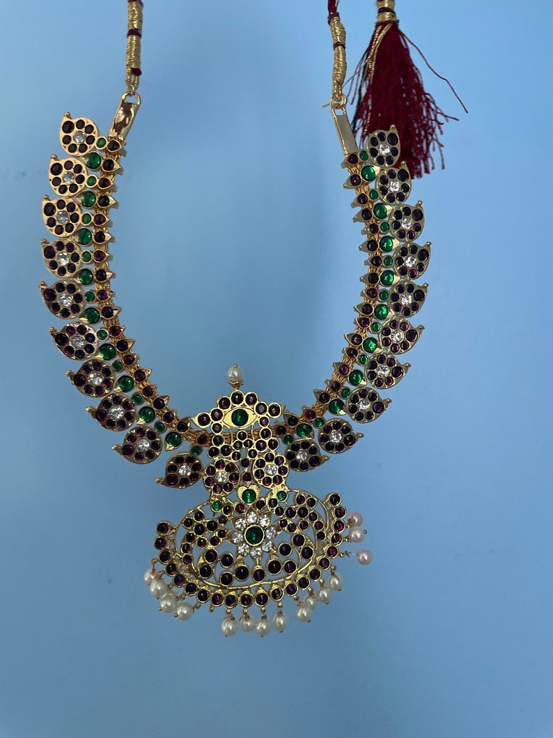 Real Kemp Araku Stone Mango Peacock Gold Replicate Necklace Barathnatiyam Dance Temple Jewellery ...