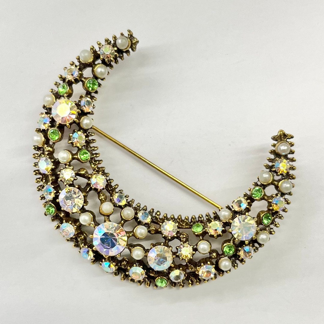 Huge Vintage Brooch Moon Shape Bronze Tone Brooch With Sparkling Green ...