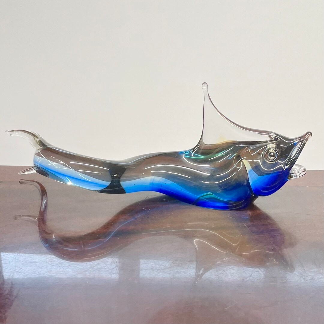 Large 1960s 1970s Murano Italy Glass Eel Fish Figurine in Blue and Green With a Manganese Glow ...