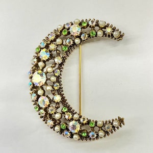 Huge Vintage Brooch Moon Shape Bronze Tone Brooch With Sparkling Green ...