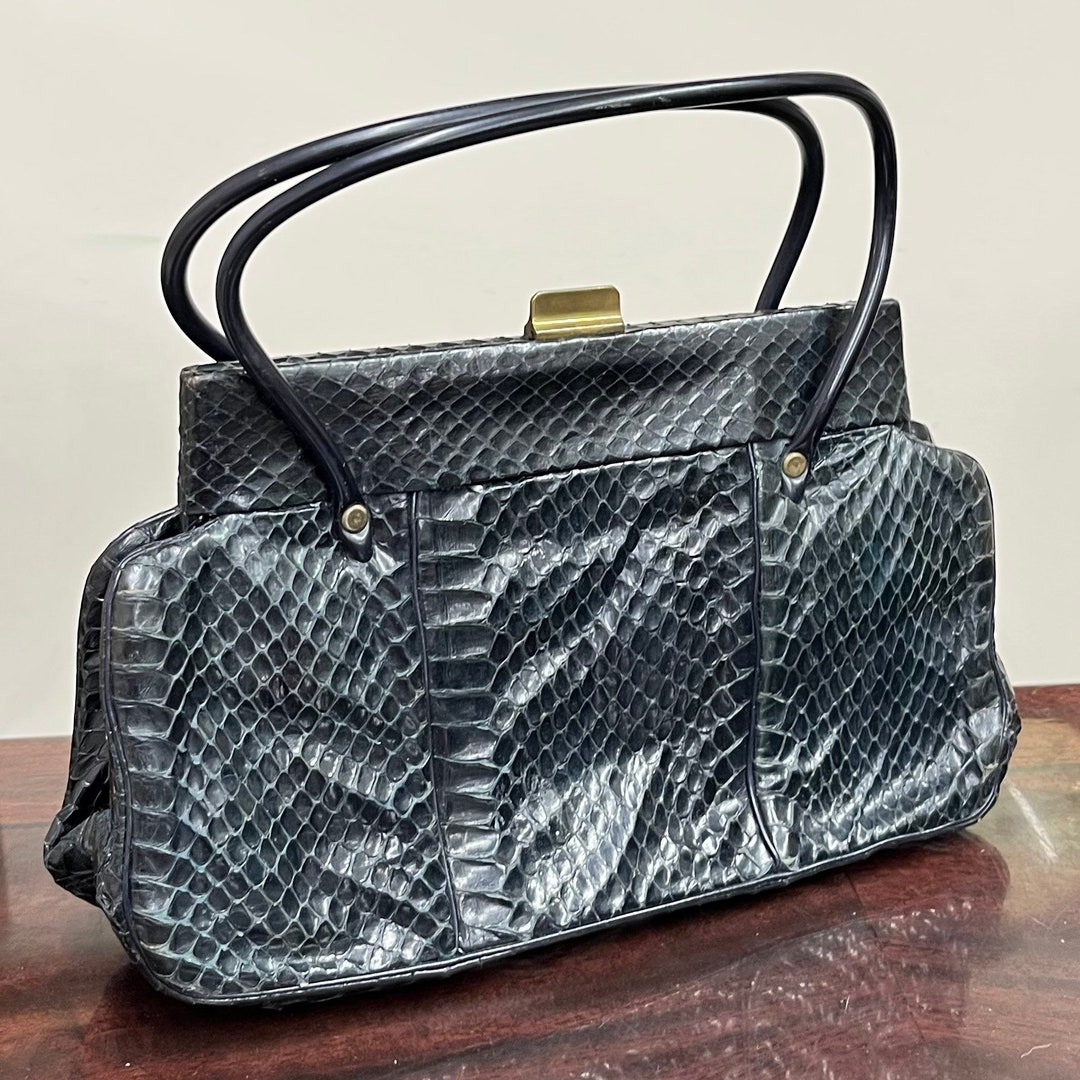 Vintage Dark Navy Blue Snakeskin Effect Leather Handbag With Gold Metal ...