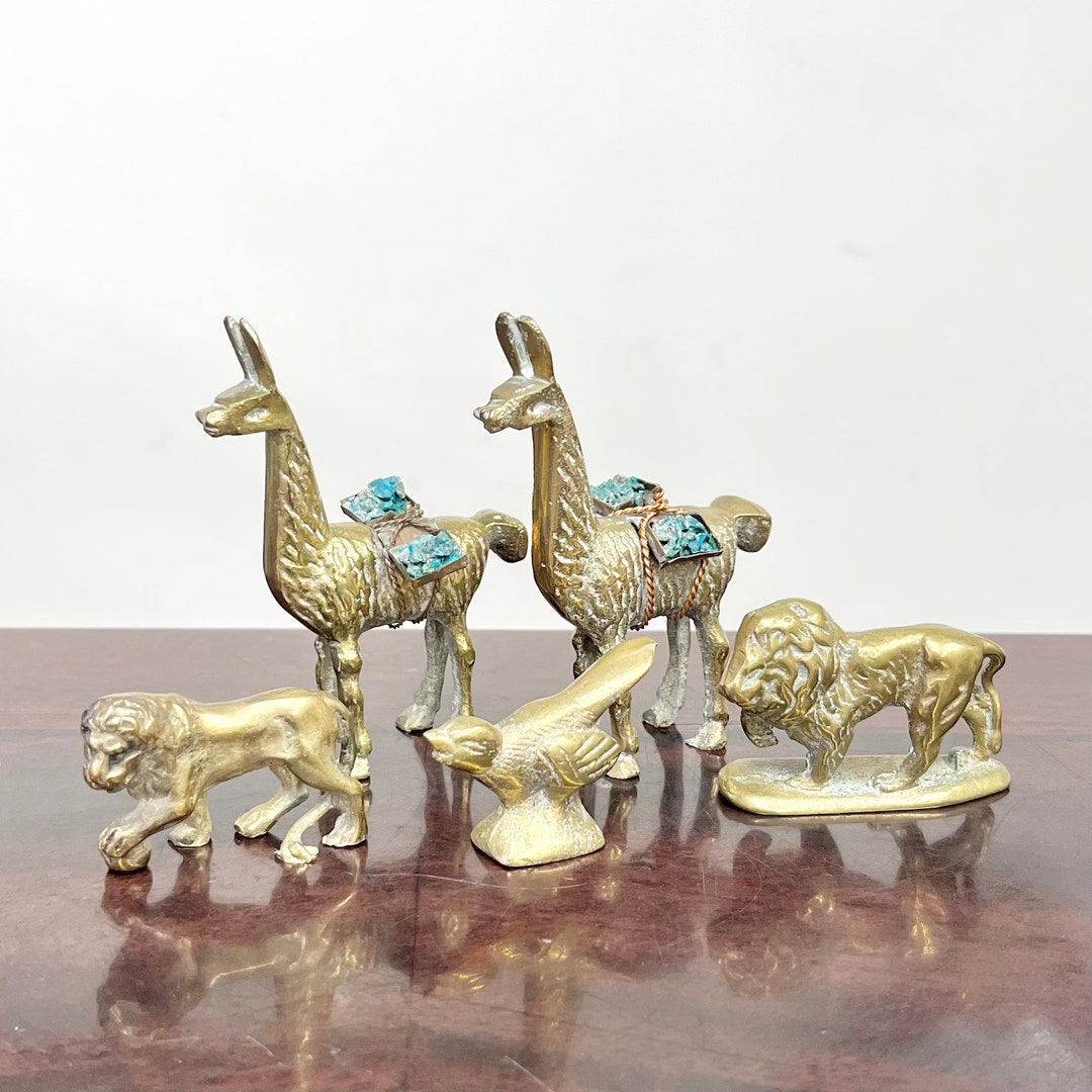 Five Miniature Brass Animal Figures Alpaca Llamas Lions & a Bird ...