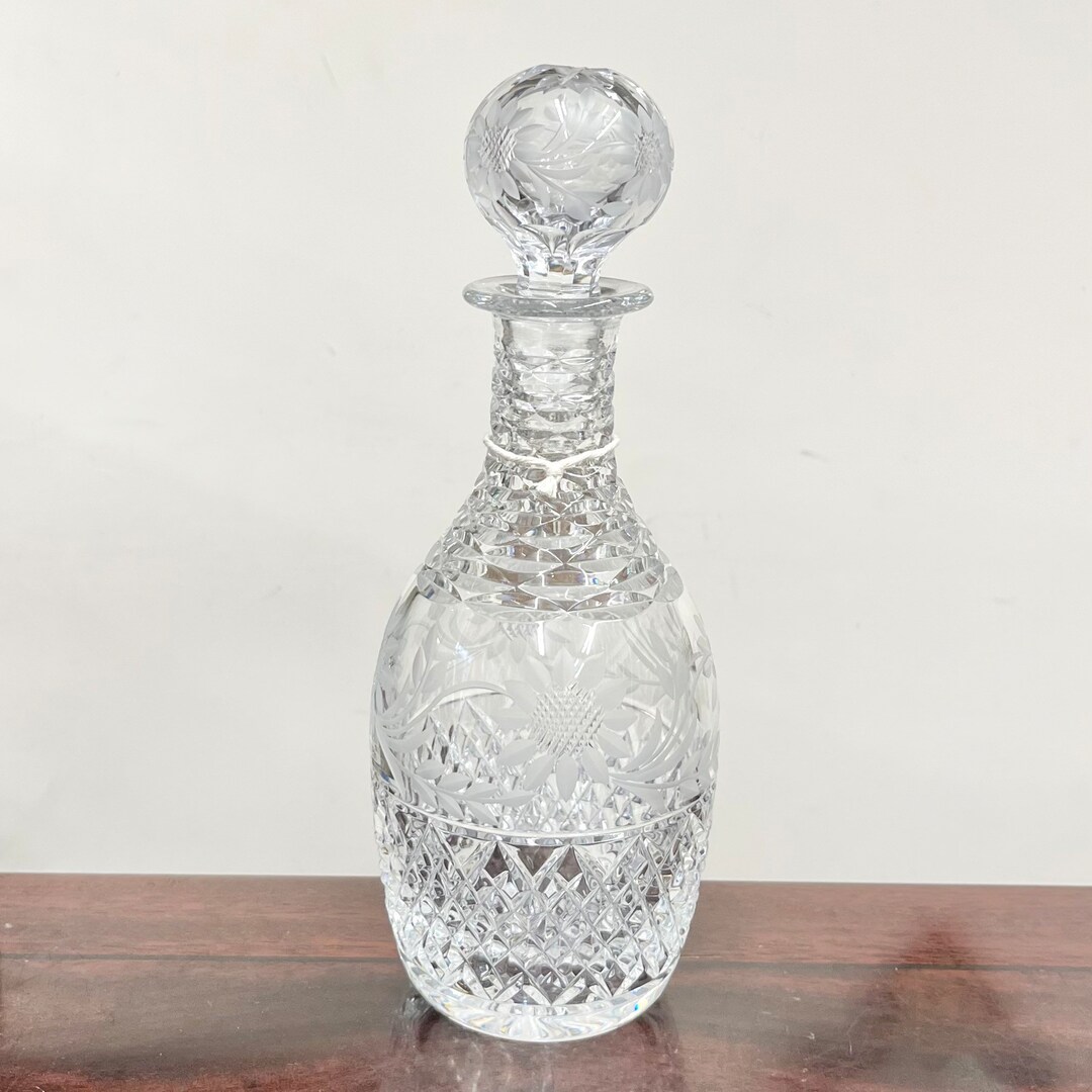 Stunning Vintage Diamond Cut Floral Etched Crystal Glass Decanter Very ...