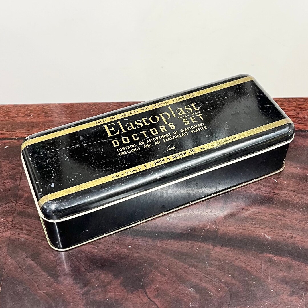 Vintage Black Elastoplast Doctors Set Tin Storage for Plaster or First Aid Made in England T.J ...