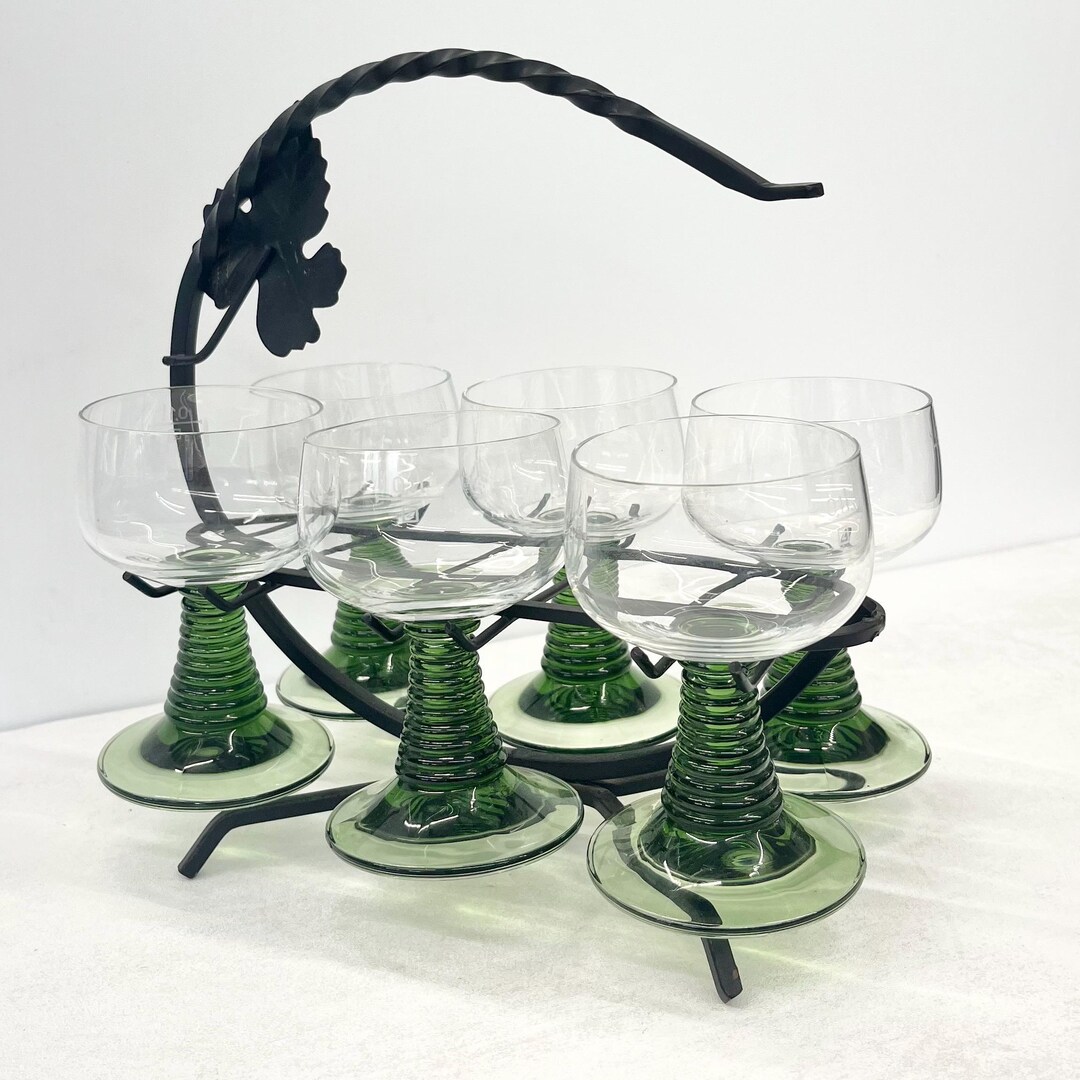 Vintage German Romer Wine Glass Set Six Glasses in a Wrough Iron Leaf ...