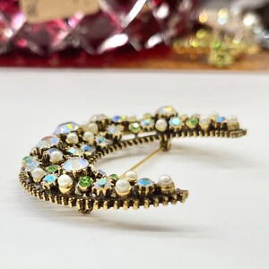 Huge Vintage Brooch Moon Shape Bronze Tone Brooch With Sparkling Green ...