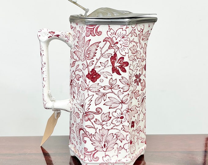 Vintage Red & White Transfer Ware Coffee Pot / Jug With Steel Flip Lid ...