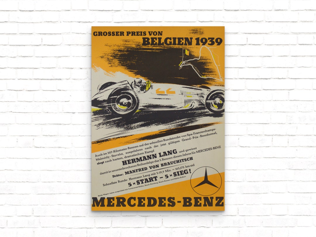 Mercedes Benz Vintage Race Poster, Belgien 1939 Retro Race Car Art ...