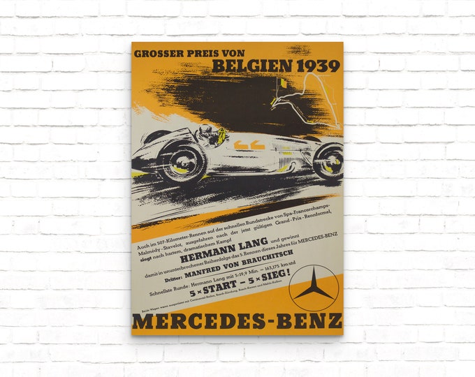 Mercedes Benz Vintage Race Poster, Belgien 1939 Retro Race Car Art ...