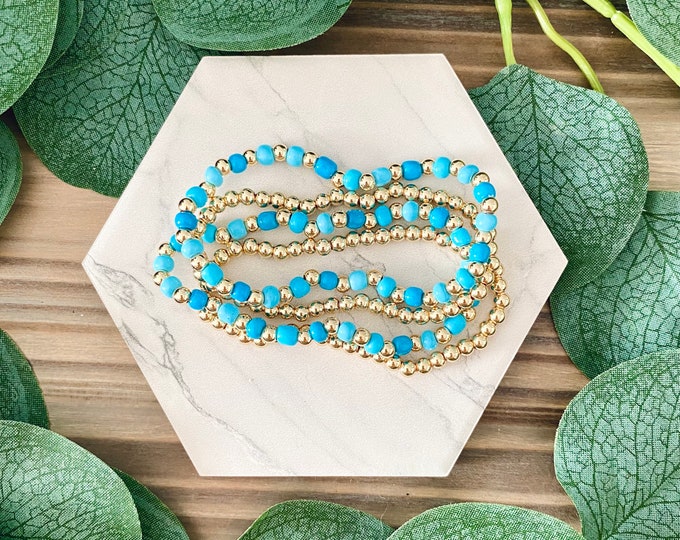 The Josephine Stack| Blue Turquoise Aqua & 14k Gold Beaded Bracelets ...