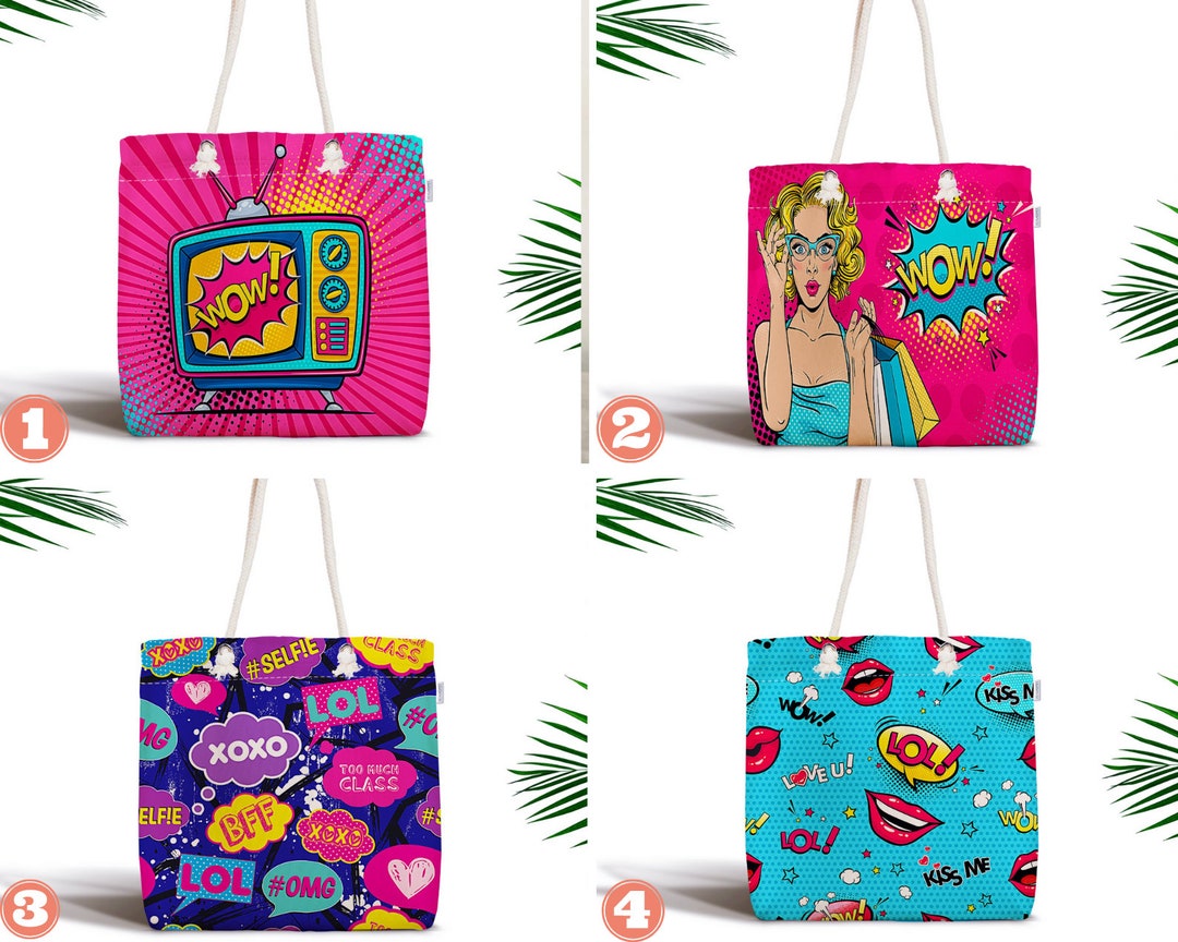 Pop Art Wow Printed Zipper Modern Fabric Bag, Pop Art Girl Beach Bag ...