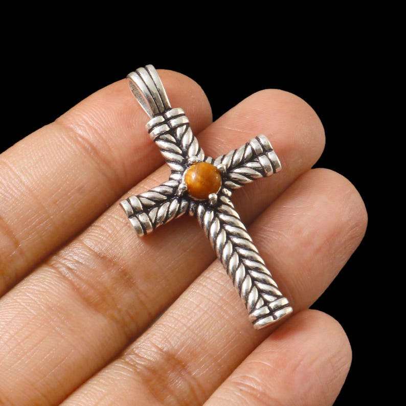 Genuine Tiger's Eye Silver Cross, Personalized Religious Gift, Pendant ...