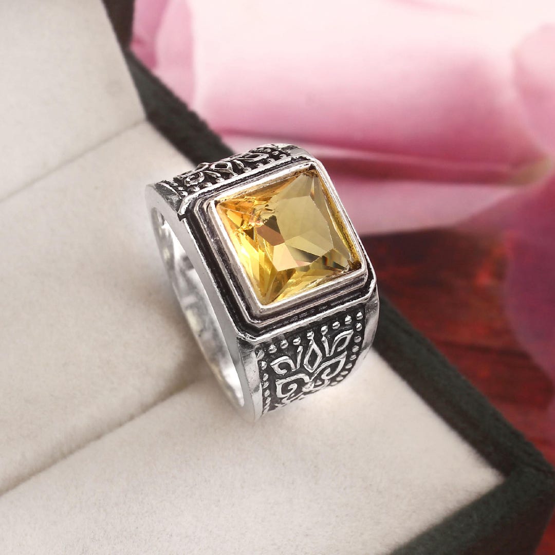 Square Citrine Sterling Silver Men's Ring - Statement Jewelry - Etsy