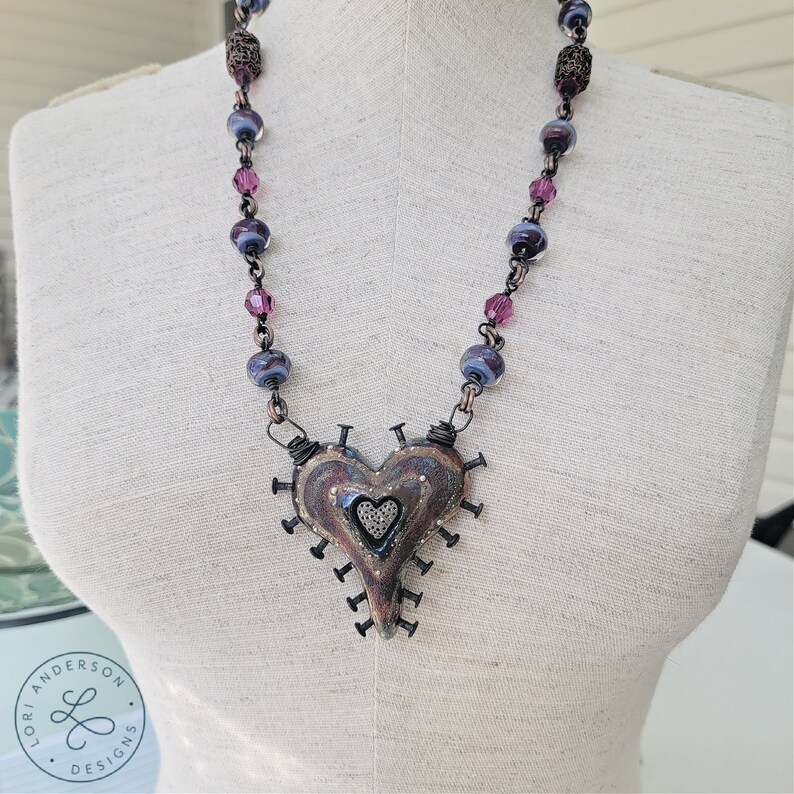 Raku Nailed Heart Statement Necklace With Lampwork Glass and Crystal ...