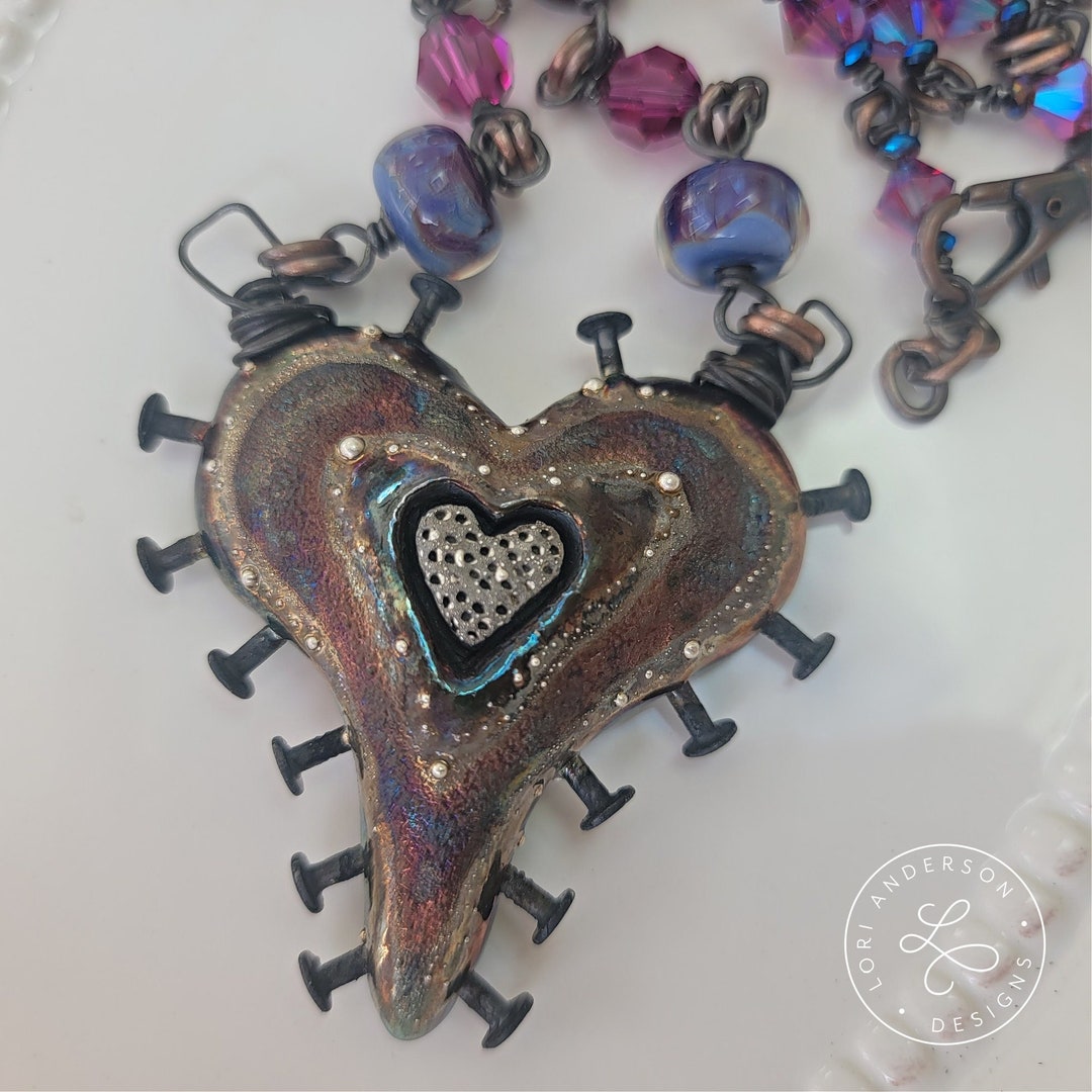 Raku Nailed Heart Statement Necklace With Lampwork Glass and Crystal ...