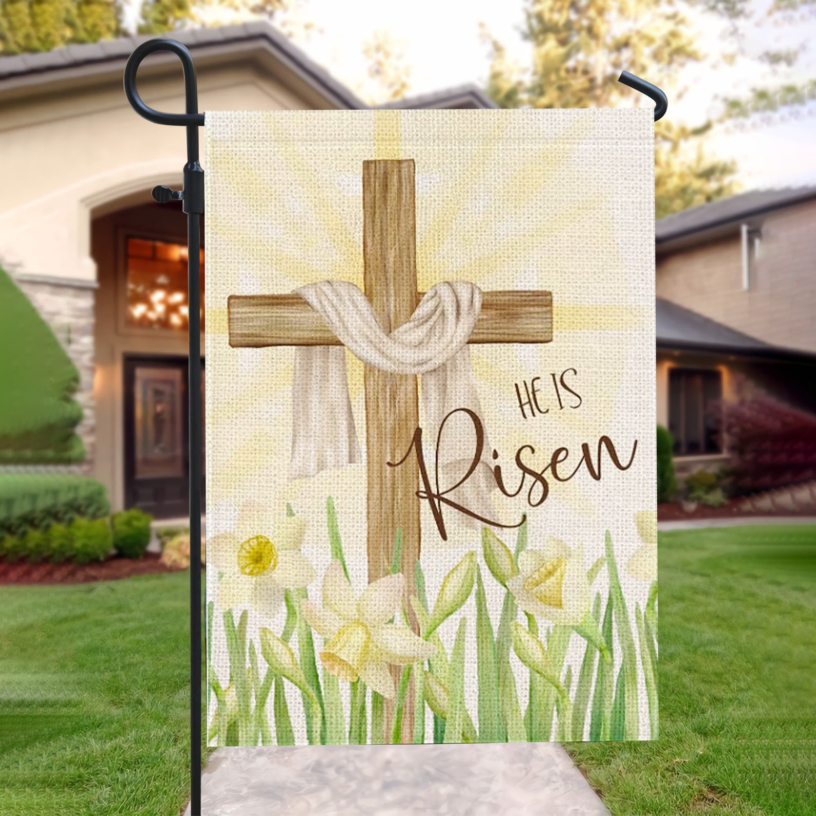 Easter Cross Garden Flag Double Sided, Religious Cross He is Risen ...