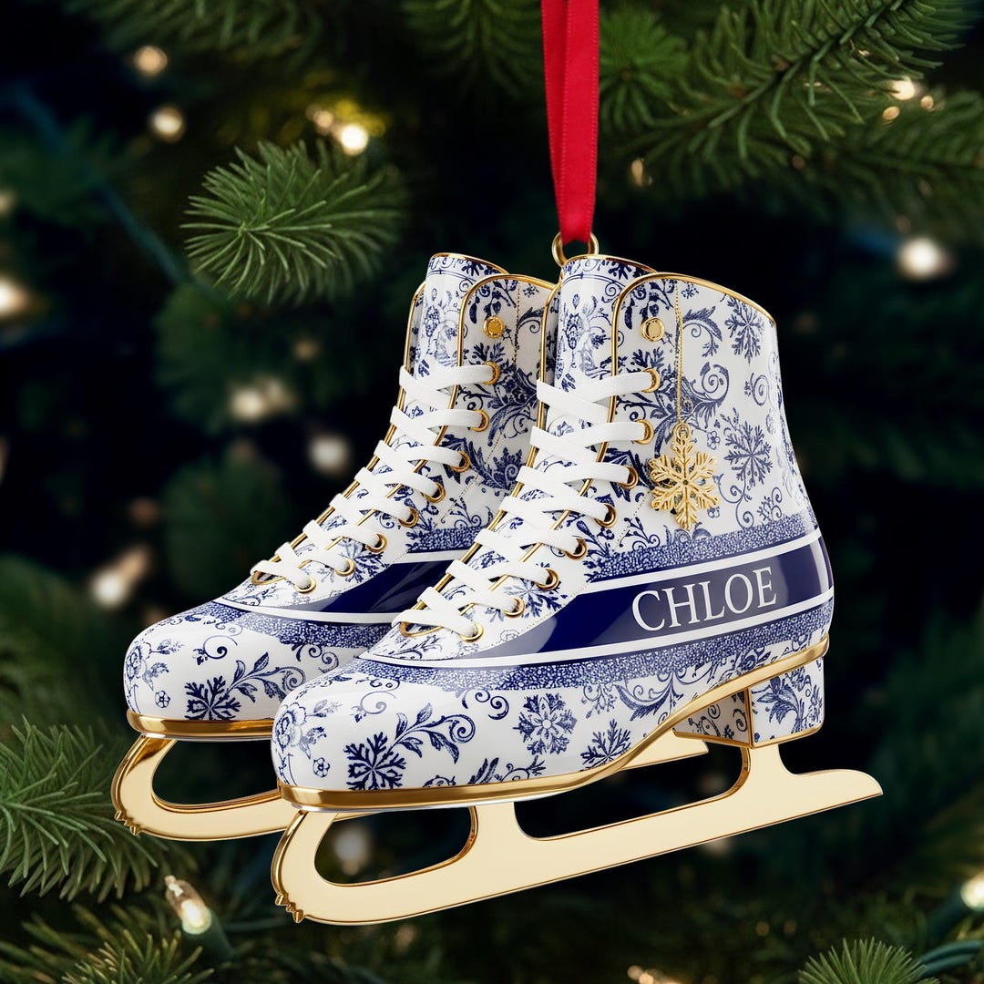 Personalized Winter Skating Toile De Jouy Christmas Ornament, Gifts for ...