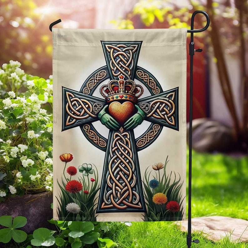 Irish Celtic Claddagh Cross Flag, Shamrock Flag, Happy St. Patrick's ...