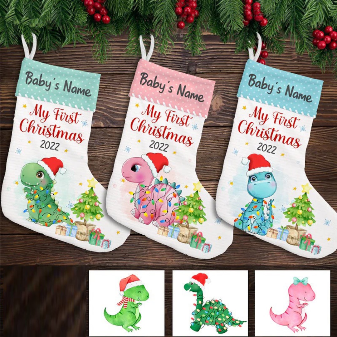 Personalized Baby Boy Girl First Christmas Dinosaur Stocking, Baby ...