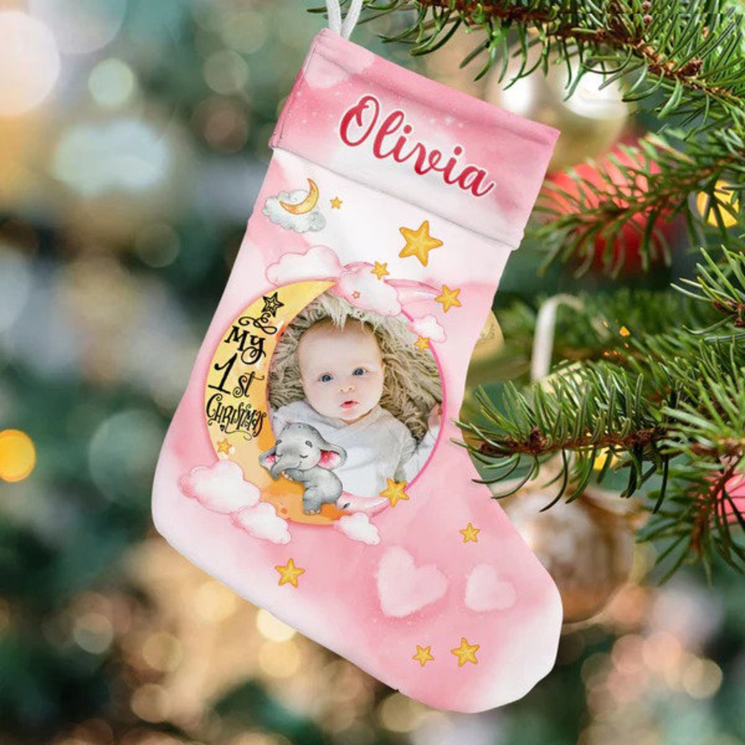 Personalized Baby's First Christmas Elephant Photo Stocking, Baby First ...